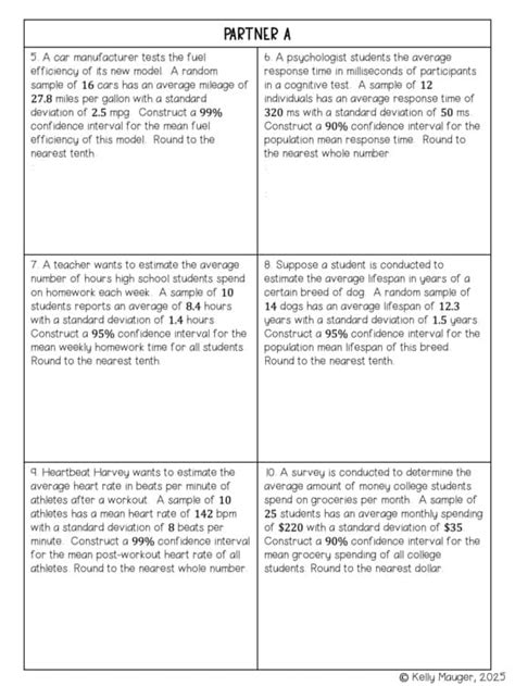 Confidence Intervals For Means Partner Problems Activity For Statistics