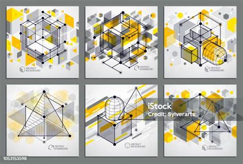 개요 노란색 미래 스타일 템플릿 구성 세트에 기하학적 3d 요소 벡터 기술 계획 웹 디자인 및 배경 화면이 나 배경으로 사용할 수 있습니다 0명에 대한 스톡 벡터 아트 및