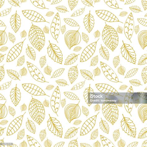 나뭇잎이 있는 흰색과 금색의 이음매 없는 패턴 손으로 그린 나뭇잎 패턴을 스타일링합니다 벡터 디자인 요소입니다 0명에 대한 스톡 벡터 아트 및 기타 이미지 Istock