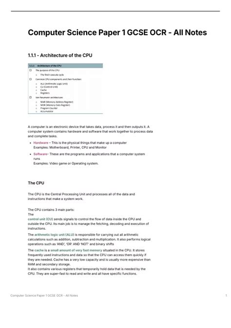 Computer Science Ocr Paper 1 Detailed Revision Notes Computer Science Stuvia Uk