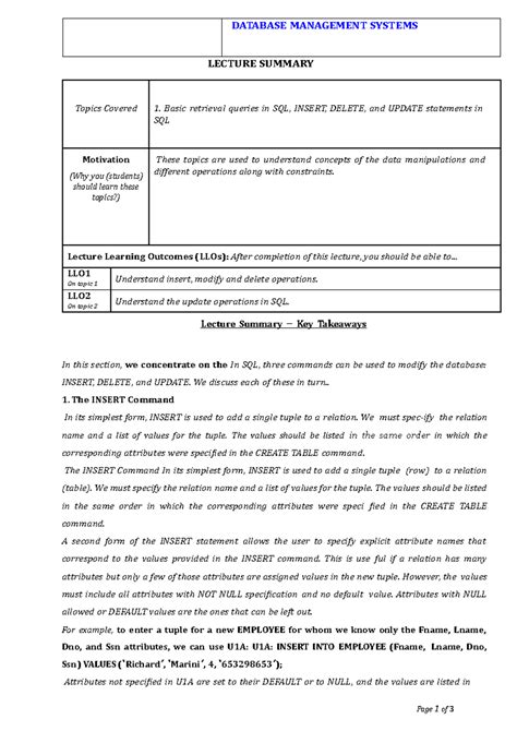 Basic Retrieval Queries In Sql Insert Delete And Update Statements In Sql Lecture Summary