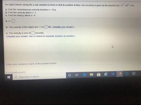 Solved An Object Moves Along The Y Axis Marked In Feet So Chegg