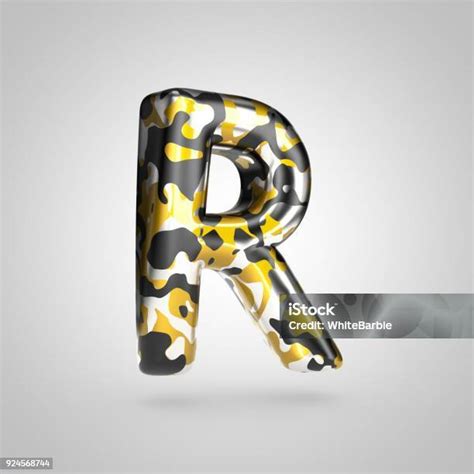 흰색 배경에 고립 된 골든 실버 스프링과 검은 위장 패턴 문자 대문자 R을 위장 0명에 대한 스톡 사진 및 기타 이미지 0명