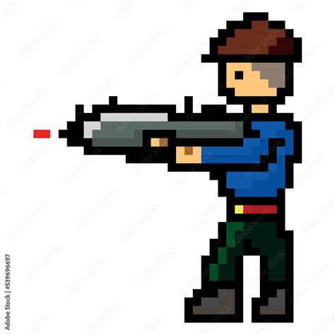 Pixel Art Male Character Holding A Shotgun Isolated On White Background Vector Illustration