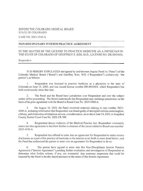 Colorado Medical Board Non Disciplinary Interim Practice Agreement