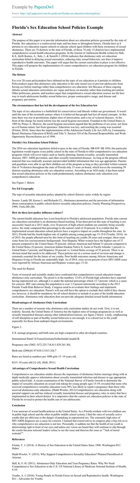 Florida S Sex Education Babe Policies Free Essay Example PapersOwl Com