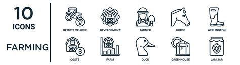 농업 개요 아이콘 세트는 얇은 라인 원격 차량 농부 웰링턴 농장 온실 잼 항아리 보고서 프리젠 테이션 다이어그램 웹 디자인을위한 비용 아이콘을 포함합니다 말에 대한 스톡