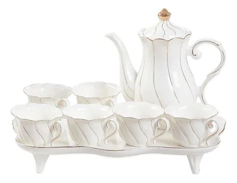 Juego De Té 14 Piezas Para 6 Personas Porcelana Dorada Blanco Meses