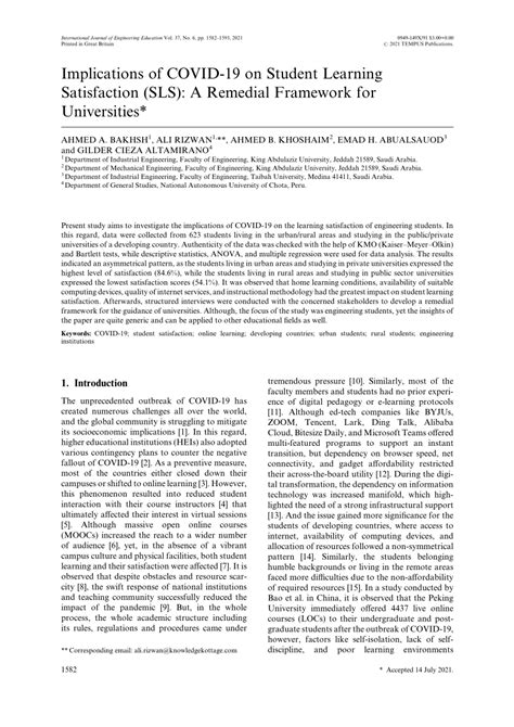 Pdf Implications Of Covid 19 On Student Learning Satisfaction Sls A Remedial Framework For