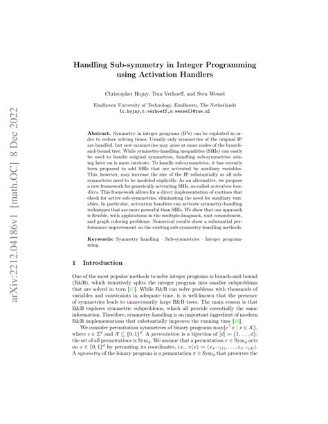 Pdf Handling Sub Symmetry In Integer Programming Using Activation Handlers