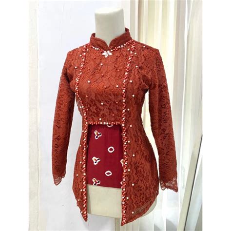 Jual Kebaya Kutubaru Payet Hijab Crop Kerah Sanghai Full Furing Warna Merah Bata Terracotta