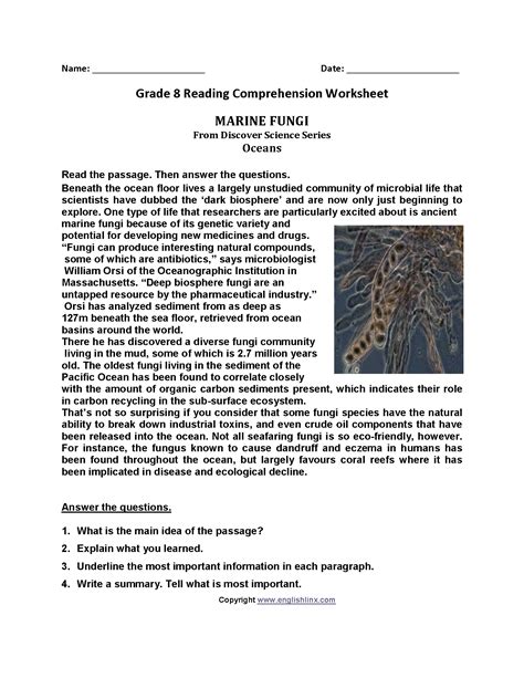 8th Grade Reading Comprehension Worksheets With Answers Reading