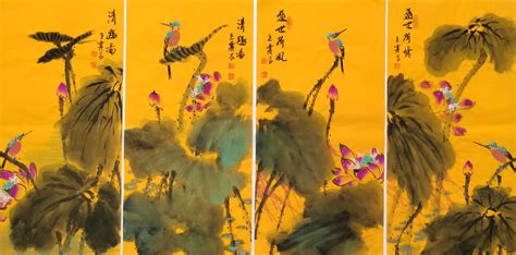 精品荷花四条屏 真迹商城