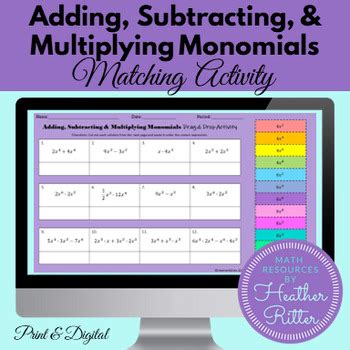 Add Subtract And Multiply Monomials Matching Digital Print