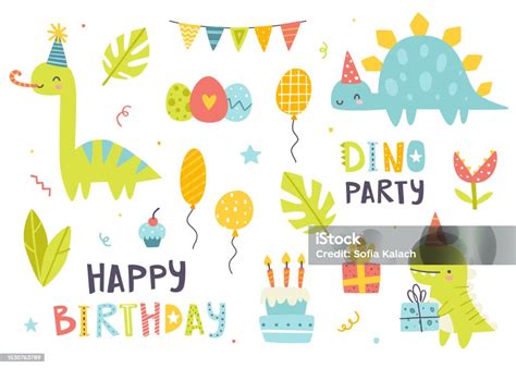 밝은 공룡 생일 파티 세트입니다 귀여운 낙서 공룡 축하 컬렉션입니다 스티커는 축제 공룡과 장식과 함께 번들로 제공됩니다 공룡에