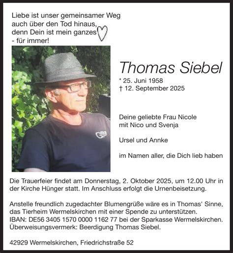 Thomas Siebel Traueranzeige Remscheider General Anzeiger