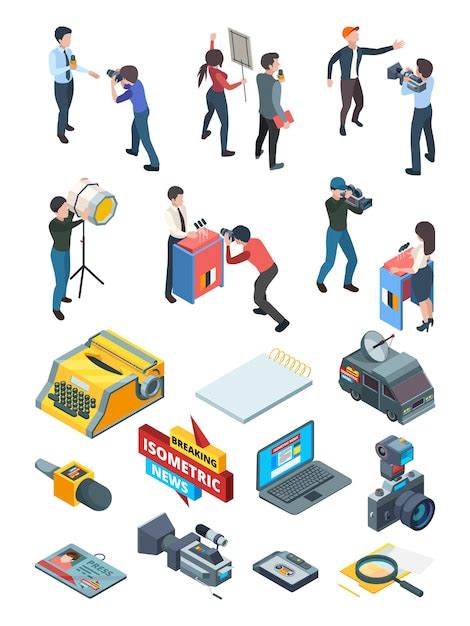 기자 아이소메트릭 방송 미디어 스튜디오 신문 특파원 장비 면접관 저널리즘 벡터 컬렉션입니다 카메라 뉴스 비디오 전문 뉴스