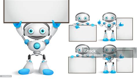 서 고 얘기 하는 동안 빈 빈 화이트 보드를 들고 하얀 로봇 벡터 문자 설정 3차원 형태에 대한 스톡 벡터 아트 및 기타 이미지 3차원 형태 가리키기 개념 Istock