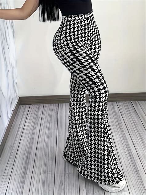 Plus Size Elegant Pants Womens Plus Houndstooth Print High Rise