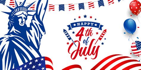 7월 4일 미국 독립기념일 트렌디한 커스텀 핸드 레터링 미국 흔들리는 깃발에 리본이 달린 타이포그래피 디자인 자유의 여신상 미국 풍선 스타들이 배경에 있습니다 0명에 대한