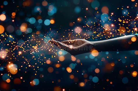 Human And Robotic Hands Reaching Across Glowing Data Streams In Digital Network Connection Stock