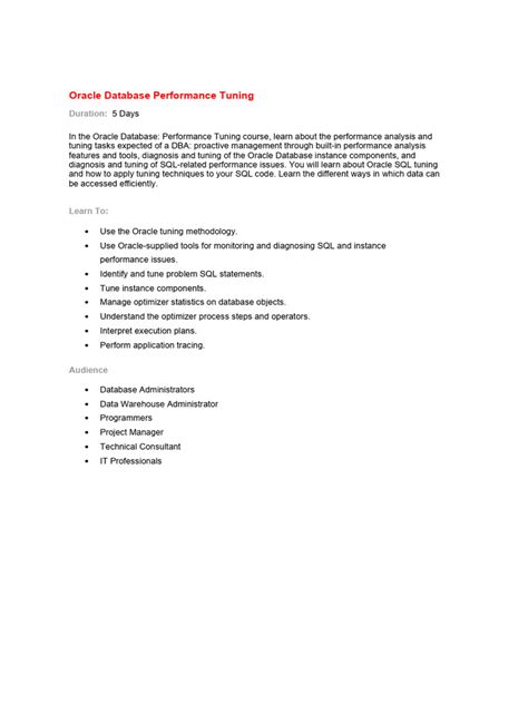 Oracle Database Performance Tuning Syllabus Pdf Databases Sql