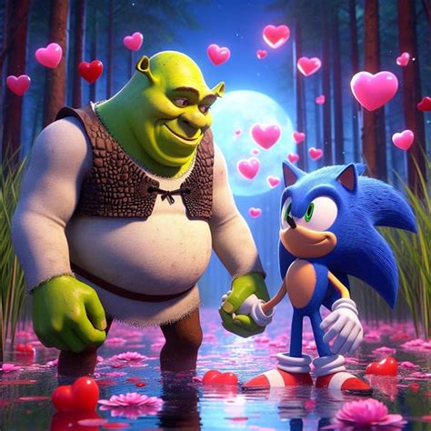 A Few Different Versions Of Shrek And Sonic Holding Hands In A Swamp