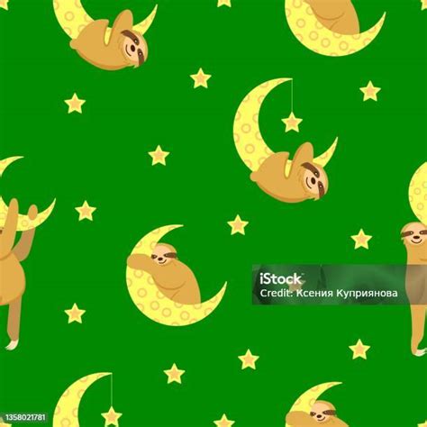 매끄러운 패턴 노란 초승달에 매달려있는 아기 나무늘보 달과 별 녹색 배경입니다 귀엽고 재미있습니다 만화 스타일 안녕히 주무세요 키즈 침실 엽서 벽지 섬유 포장지 갈색에 대한