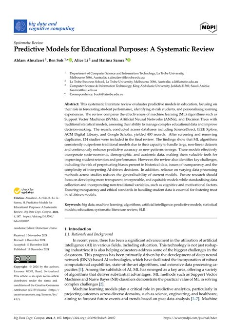 Pdf Predictive Models For Educational Purposes A Systematic Review
