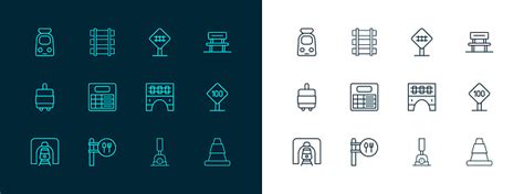 라인 대합실 카페 및 레스토랑 위치 기차 다리 철도 전환 화살표 기차역 보드 철도 건널목 및 철도 철도 트랙 아이콘을 설정합니다 벡터 가정의 방에 대한 스톡 벡터 아트 및