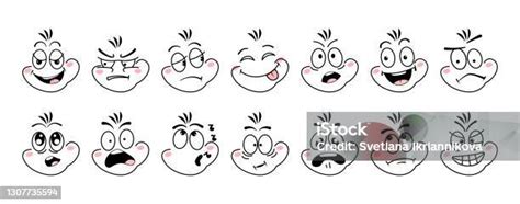 만화 얼굴 이모티콘 눈 표현 감정 눈과 입 미소 울고 놀란 문자 얼굴 기쁨의 감정 놀라움 의심 우울 풍자 교활한 분노 당황 0명에 대한 스톡 벡터 아트 및 기타 이미지