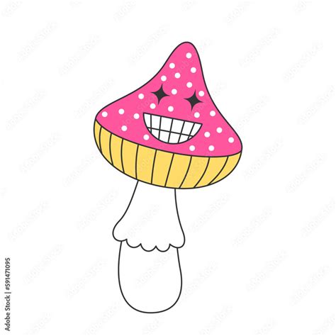 Retro Groovy Trippy Mushroom Character With Happy Smiling Face Hippie