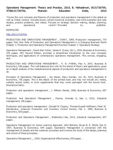 Operations Management Theory And Practice 2010 B Mahadevan Pearson