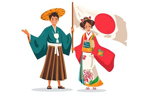 Premium Ai Image Japanese In National Dress With A Flag Man And Woman