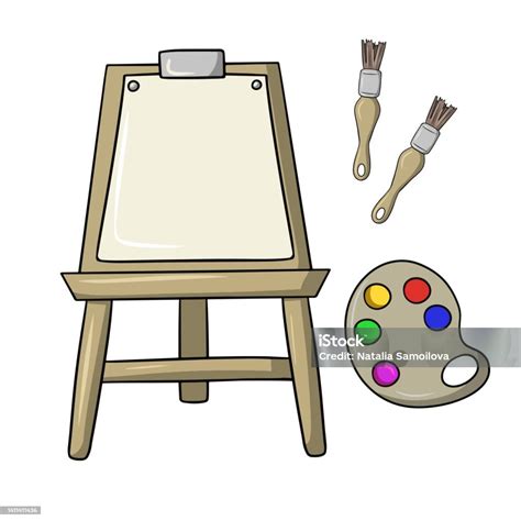 아이콘 세트 그리기 도구 페인트와 브러시가있는 나무 이젤 만화 스타일의 벡터 일러스트 레이 션 간판에 대한 스톡 벡터 아트 및