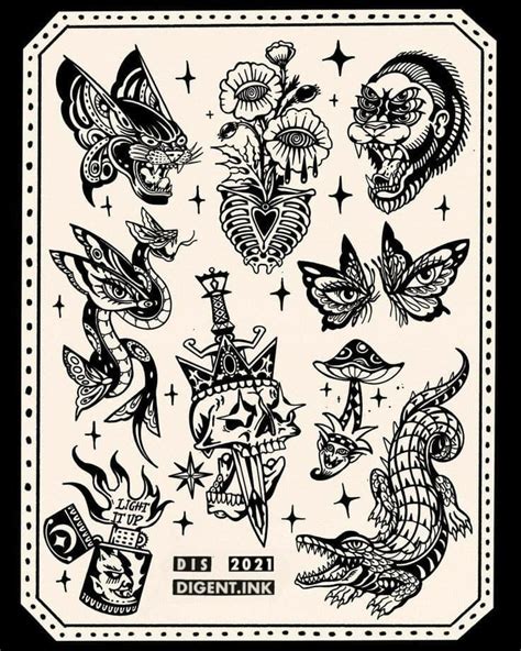 An Old School Tattoo Design With Skulls And Other Tattoos On Its Back Side
