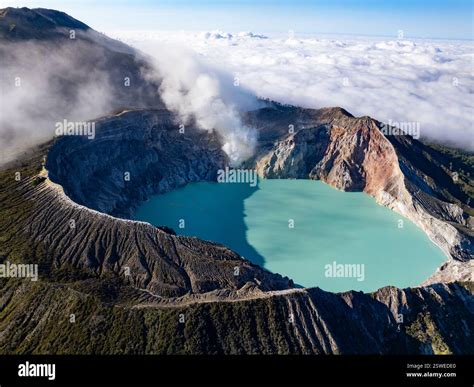 Aerial View Kawah Ijen Volcano With Turquoise Sulfur Water Lake At