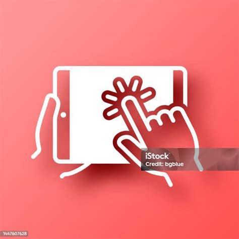 손 터치 스크린 태블릿 Pc 그림자가 있는 빨간색 배경의 아이콘 3차원 형태에 대한 스톡 벡터 아트 및 기타 이미지 3차원 형태 가리키기 가볍게 두드리기 Istock