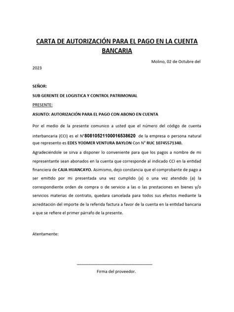 Carta De Autorización Para El Pago En La Cuenta Bancaria Pdf