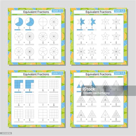 등가 분수 수학 워크시트 설정 합니다 책 페이지를 착 색 수학 퍼즐입니다 교육 게임입니다 벡터 일러스트입니다 개발에 대한 스톡 벡터 아트 및 기타 이미지 Istock