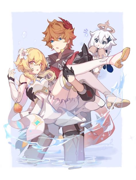 Lumine Tartaglia And Paimon Genshin Impact Drawn By