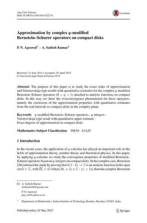 Pdf Approximation By Complex Q Modified Bernstein Schurer Operators On Compact Disks