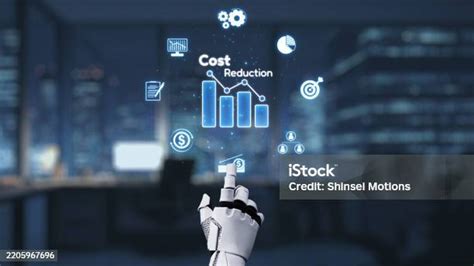 로봇 손은 현대적인 사무실 환경에서 비용 절감을 위해 디지털 아이콘과 상호 작용하며 밤에 기술과 혁신을 선보입니다 오바나 0명에 대한 스톡 사진 및 기타 이미지 Istock