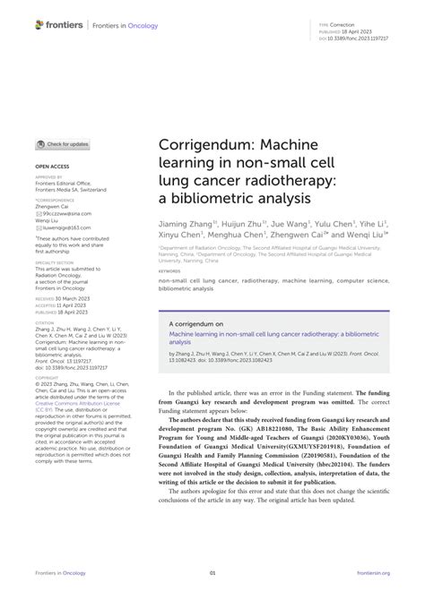 Pdf Corrigendum Machine Learning In Non Small Cell Lung Cancer Radiotherapy A Bibliometric