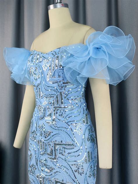 Badu Bg Лилави пайети рокли с отворени рамене бродерия цветя облекло блясък вечерен