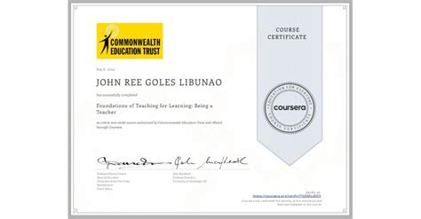 John Ree Libunao On Linkedin Completion Certificate For Foundations Of Teaching For Learning