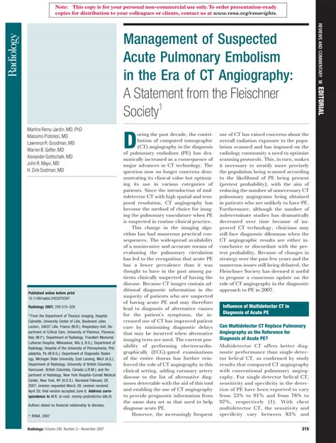 Pdf Management Of Suspected Acute Pulmonary Embolism In The Era Of Ct