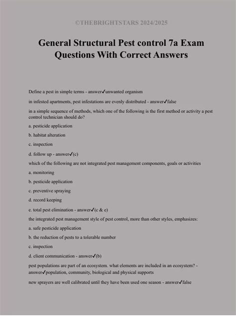 General Structural Pest Control 7a Exam Questions With Correct Answers General Structural Pest