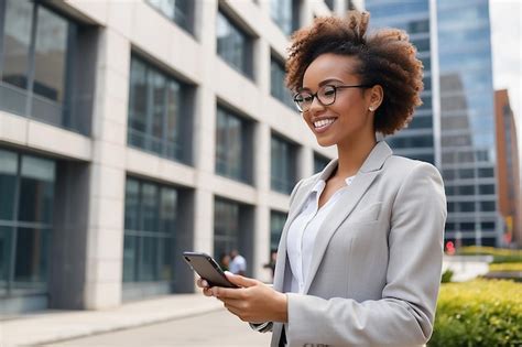 Happy Confident Young African American Business Woman Using Cell Mobile