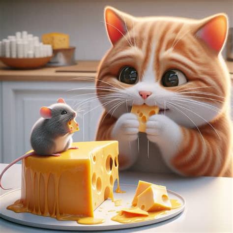 Hyper Realistic Grey Mouse And Ginger Cat With Cheese Delight Ai Art